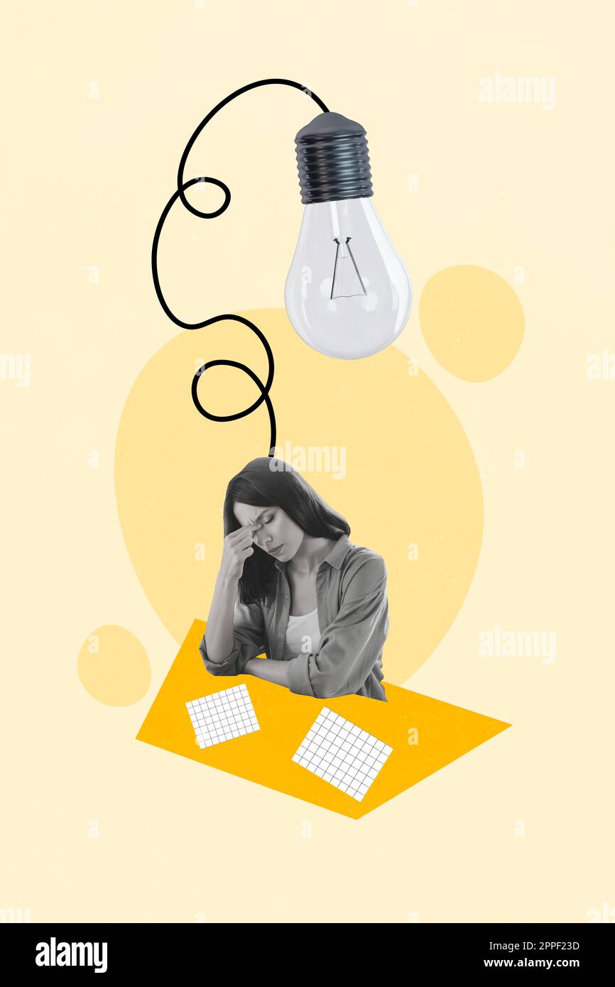 Vertical artwork image picture collage of sad exhausted lady sit suffer ...