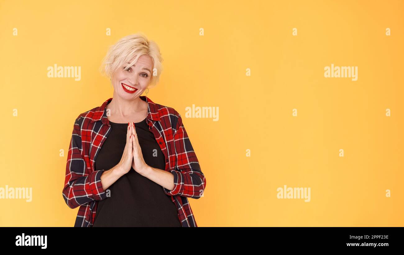 funny pray begging woman asking favor pleading Stock Photo - Alamy