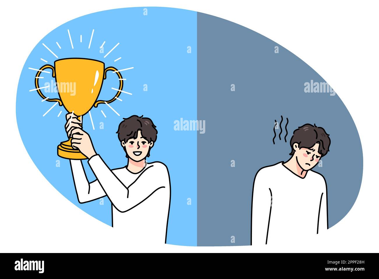 Comparison of unhappy sad man struggle with failure, smiling overjoyed ...