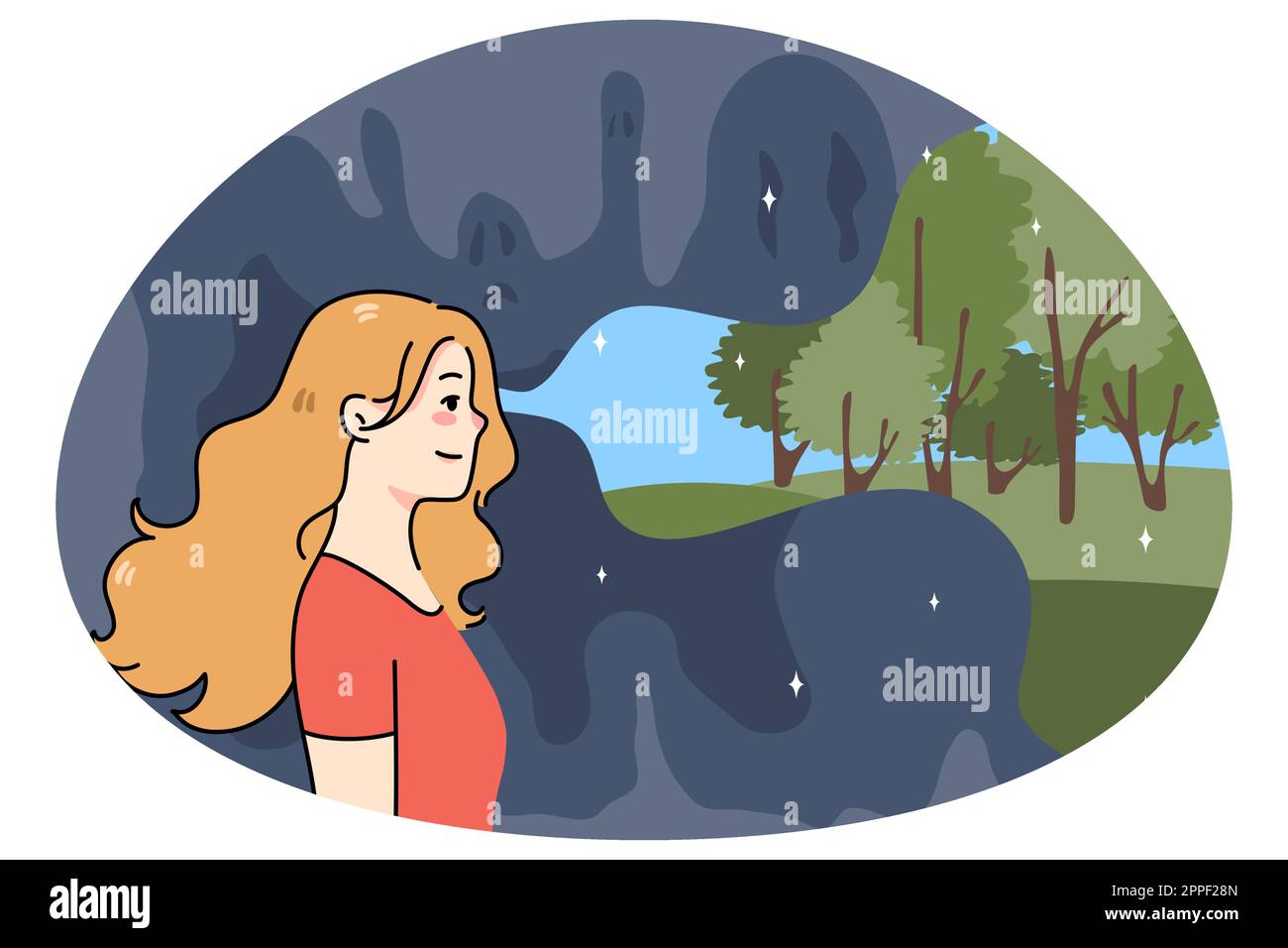 Smiling young woman look at world in optimistic positive light. Happy ...