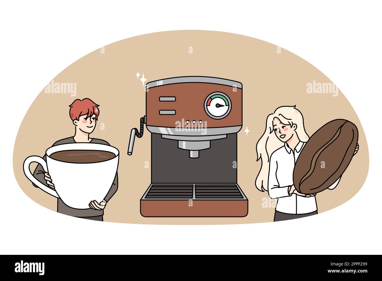 Diverse baristas make coffee in modern machine. Happy people prepare ...