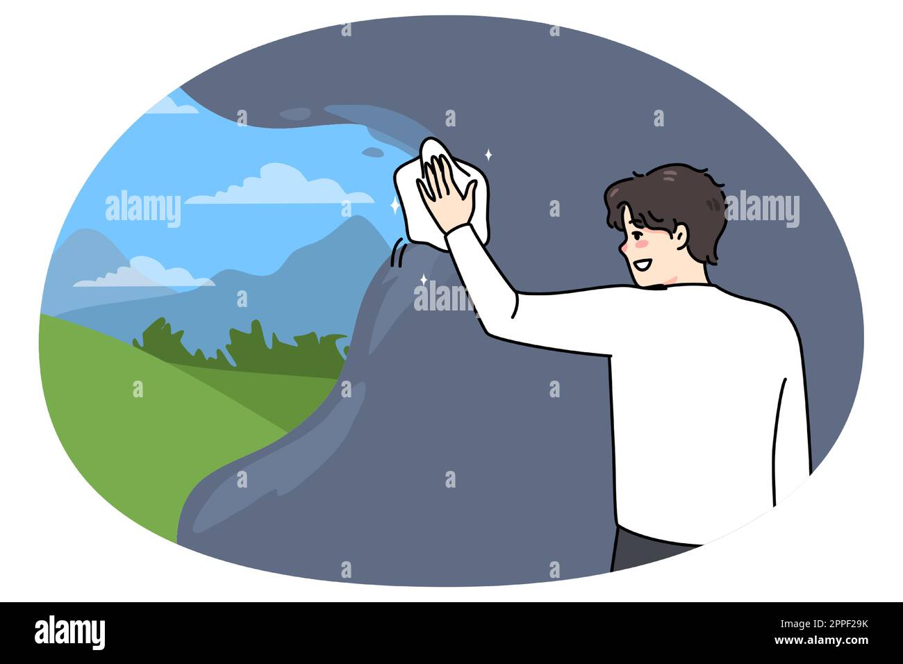 Smiling man clearing view with rag. Person overcome depression and ... Smiling man clearing view with rag. Person overcome depression and ...