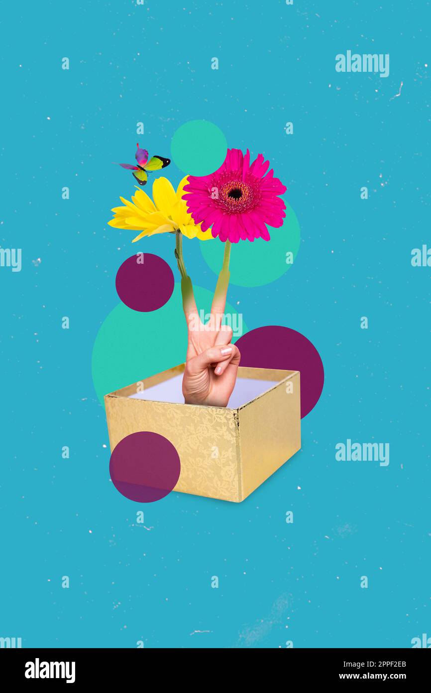 Picture 3d collage artwork image of human arm inside birthday box ...