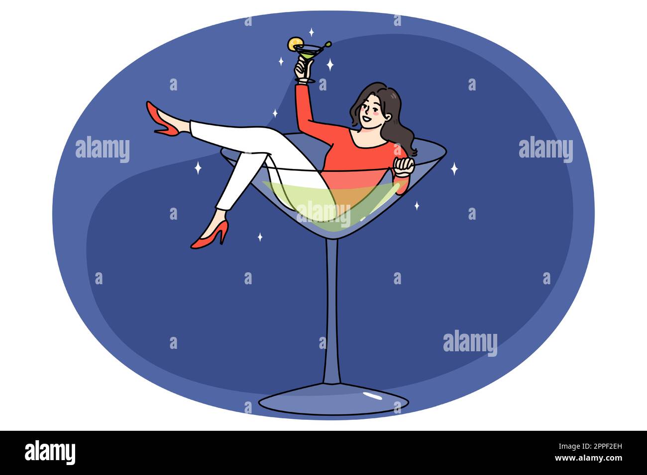 Overjoyed young woman lying in martini glass having fun drinking ...