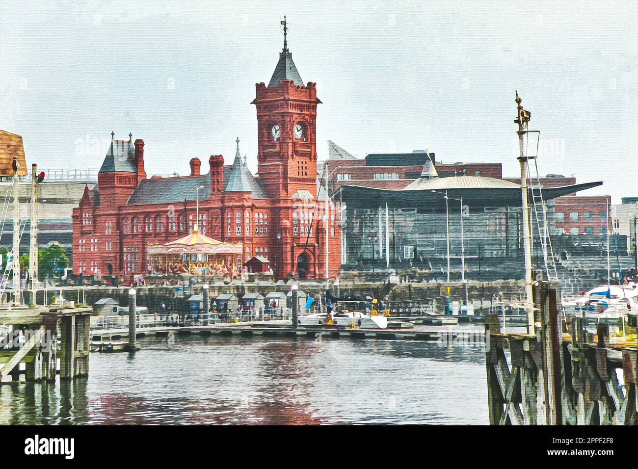 Watercolor painting on canvas. Cardiff Wales United Kingdom, Europe ...