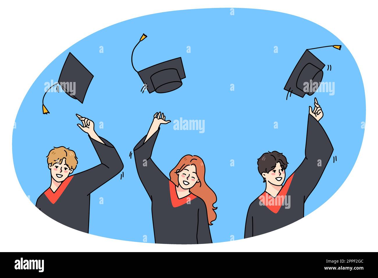 Excited students in mantles throw caps in air overjoyed with college or university graduation ...