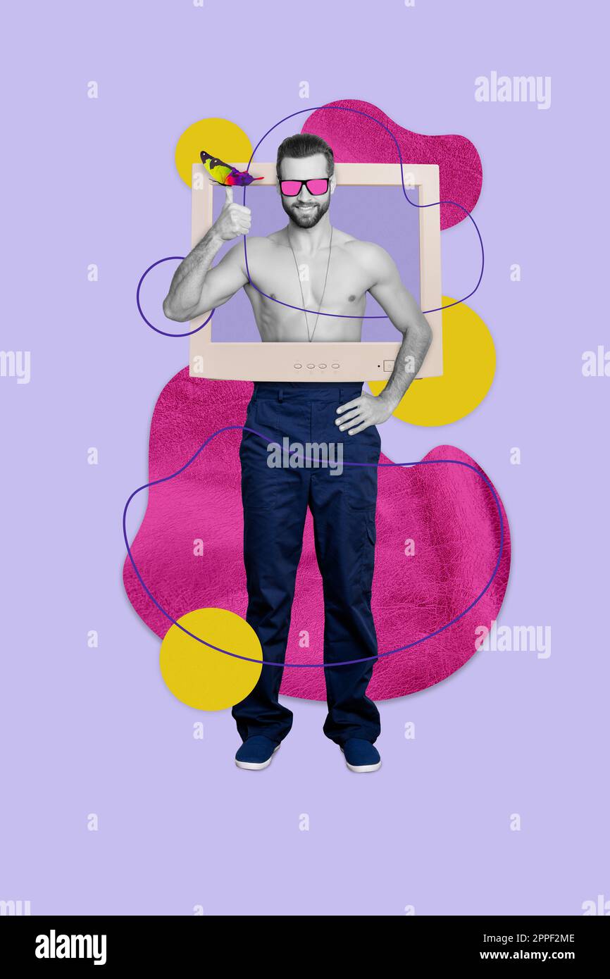 Vertical collage image of black white gamma guy body inside monitor ...