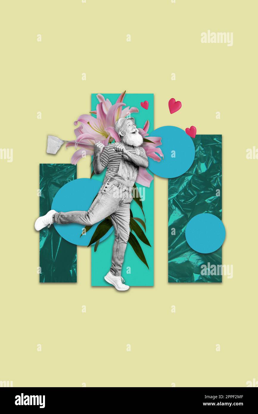 Vertical collage picture of excited black white colors grandfather hold ...