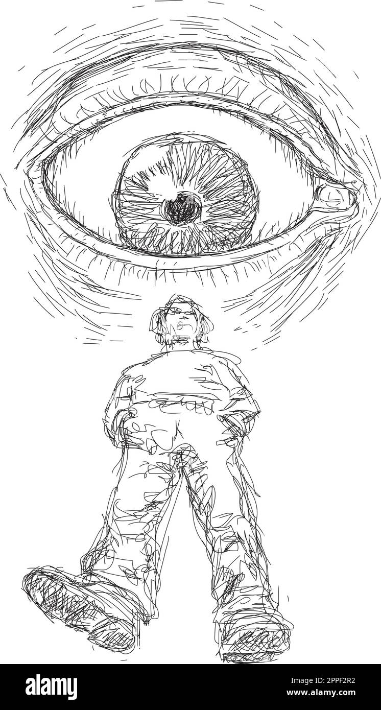 Drawing of an eye looking at a man, vector illustration Stock Vector ...