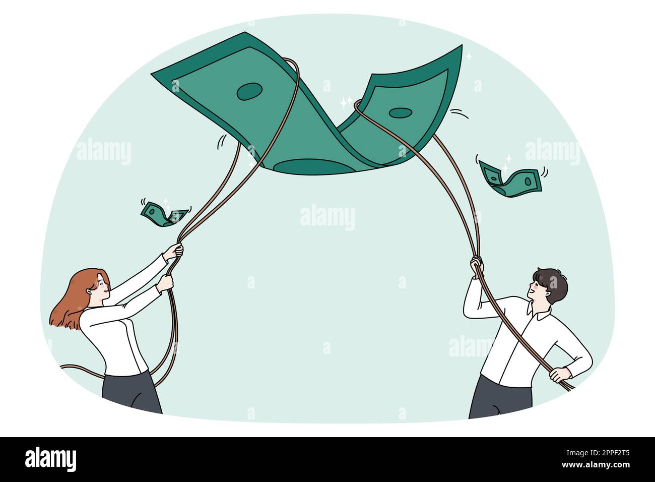 Diverse businesspeople catch dollar banknote with rope strive for ...