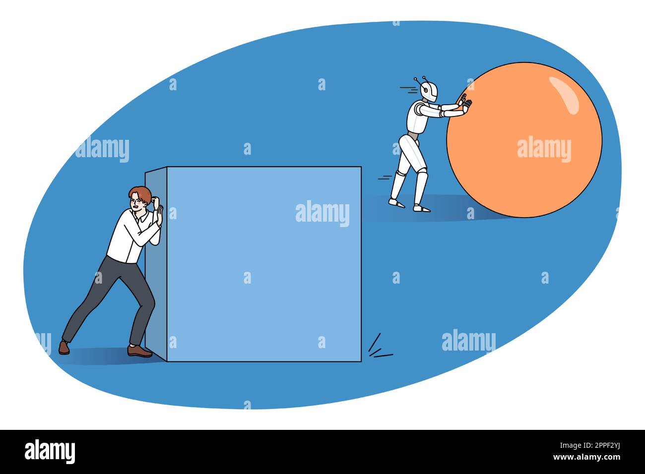 Robot push sphere leading businessman pushing box. Concept of work ...