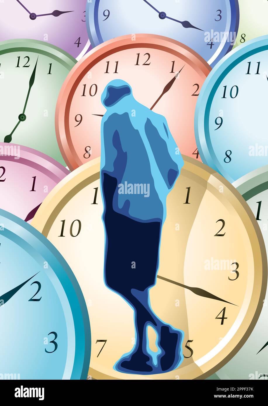 Person walking and thinking about passing time, vector illustration ...