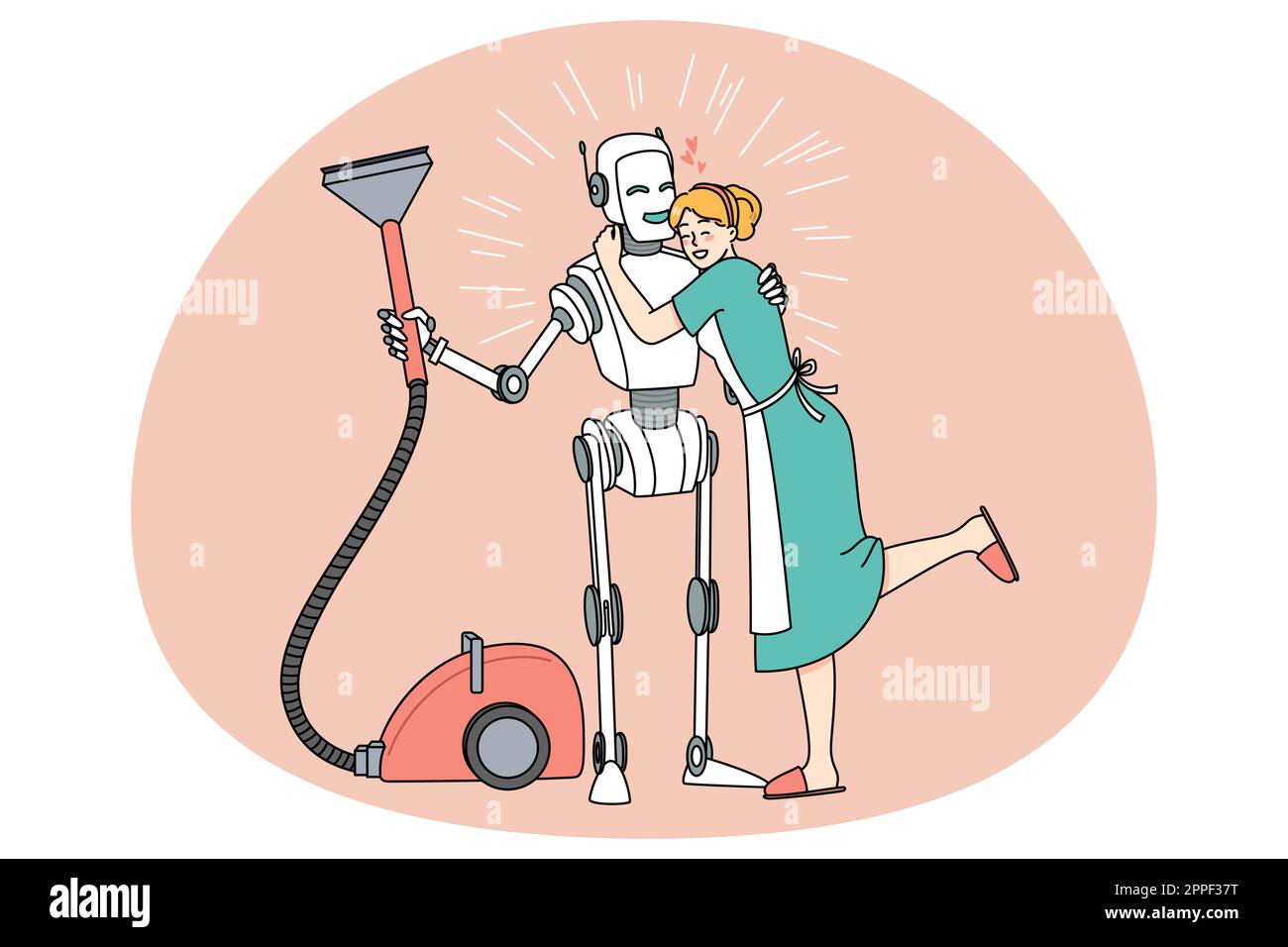 Happy Housewife Hug Robot Assistant Thanking For Help Smiling Wife