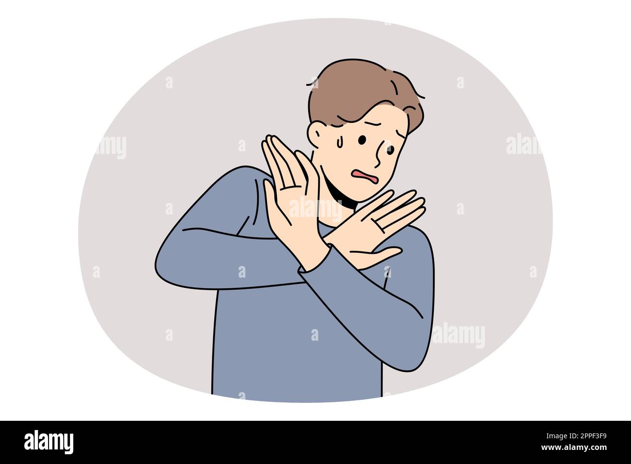 Panic stop and prevention concept. Young stressed man showing stop ...