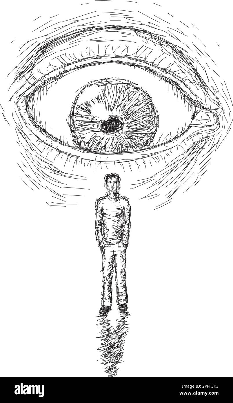 Drawing of an eye looking at a man, vector illustration Stock Vector ...