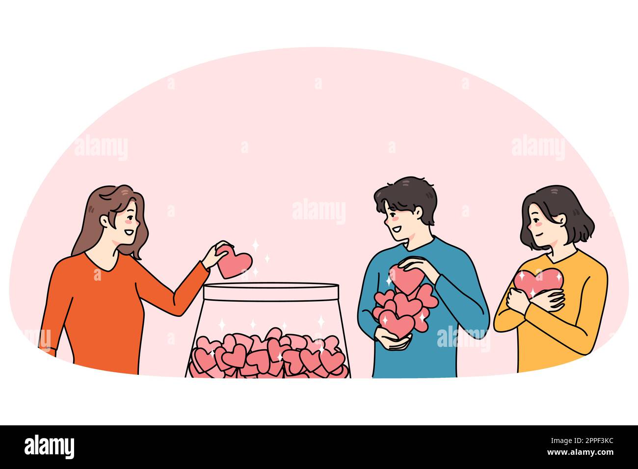 Smiling diverse people with red hearts put in jar volunteer to needy ...