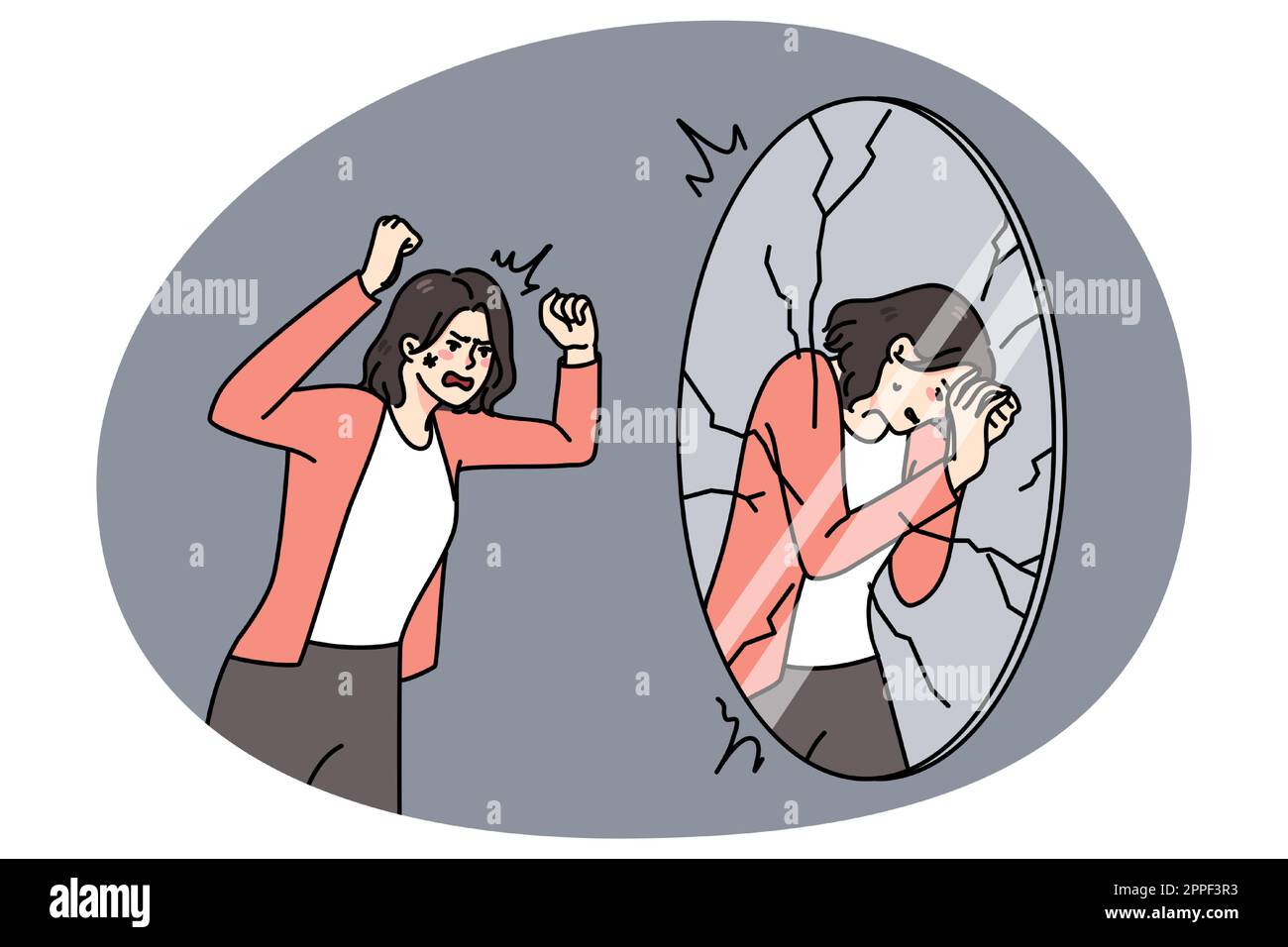 Furious young woman shot yell at mirror reflection, shaming and blaming. Angry man female suffer ...