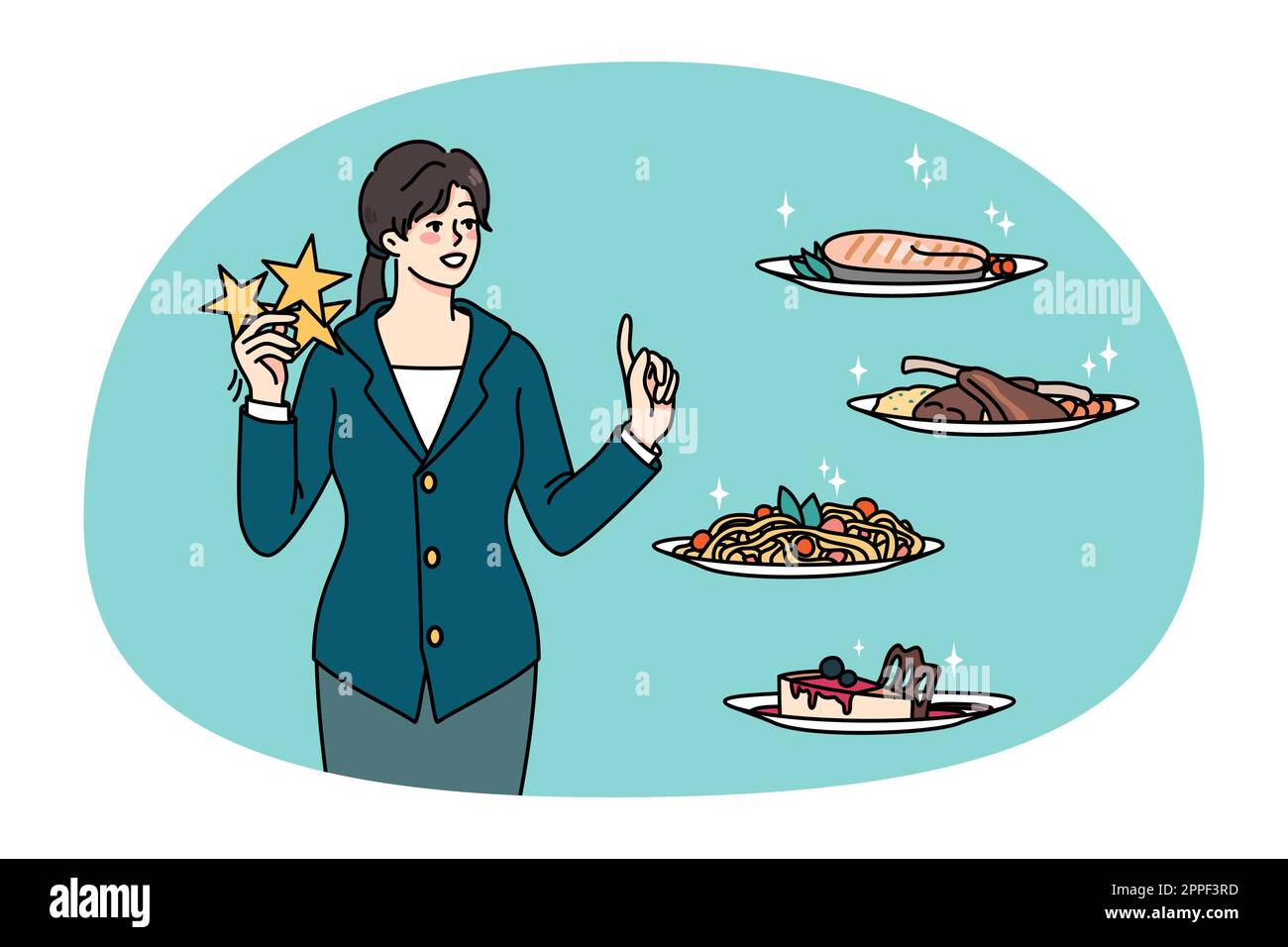 Smiling woman client with stars in hand rate dishes in restaurant ...