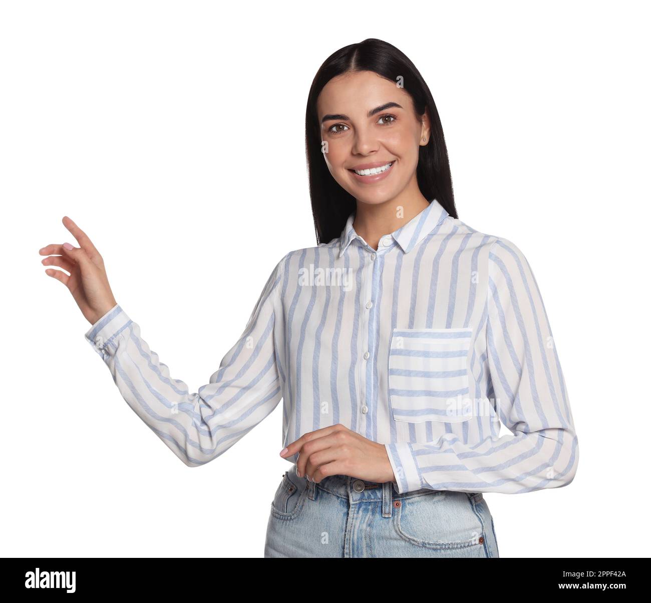 Beautiful young woman on white background. Weather forecast Stock Photo ...