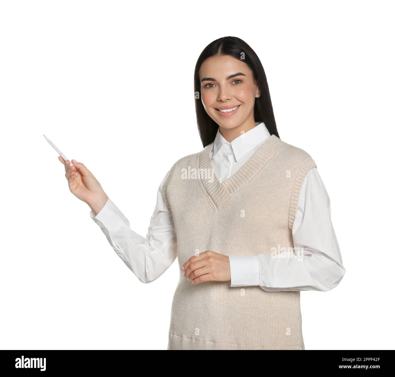 Beautiful young woman on white background. Weather forecast Stock Photo ...