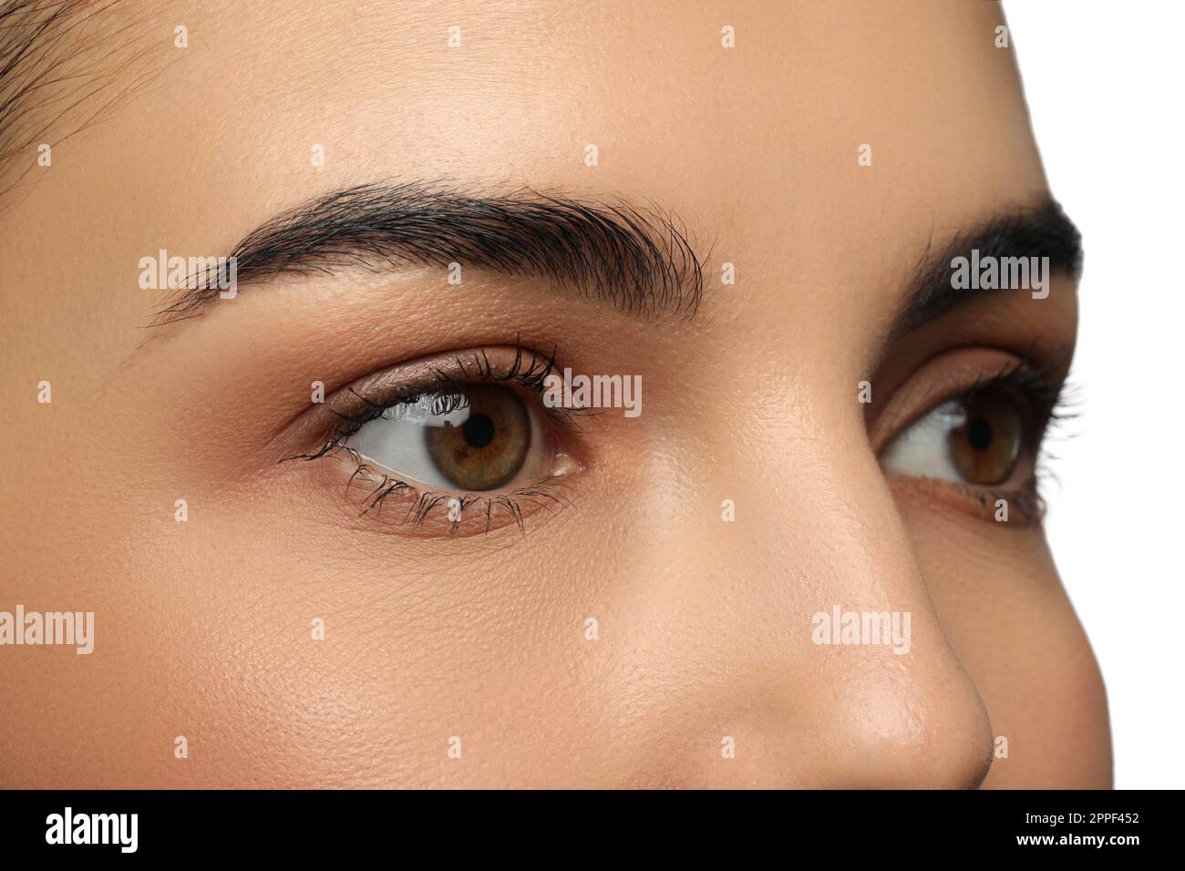 Woman with beautiful hazel eyes on white background, closeup Stock ...