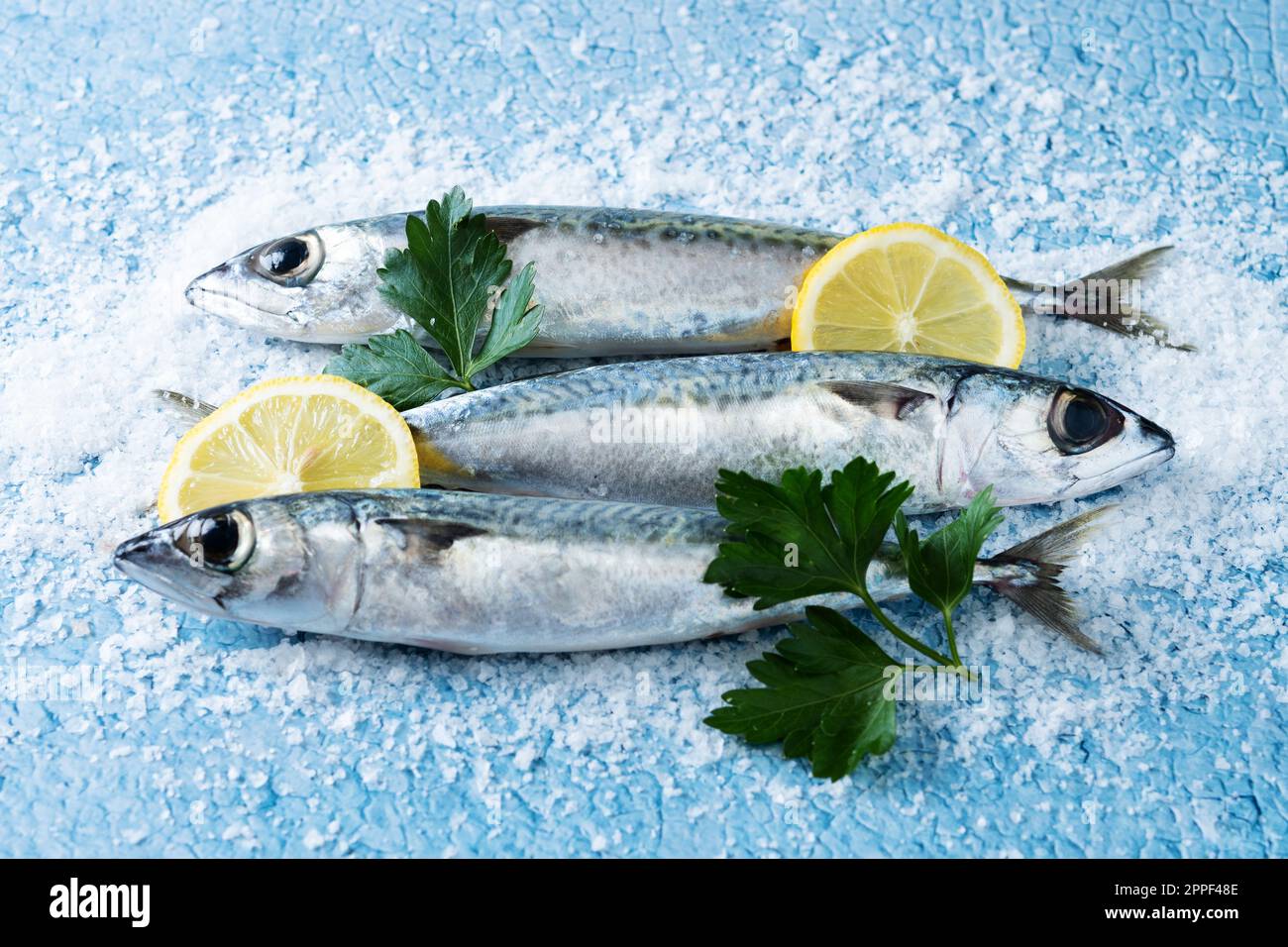 Raw mackerel fish with salt around isolated on white background Stock ...