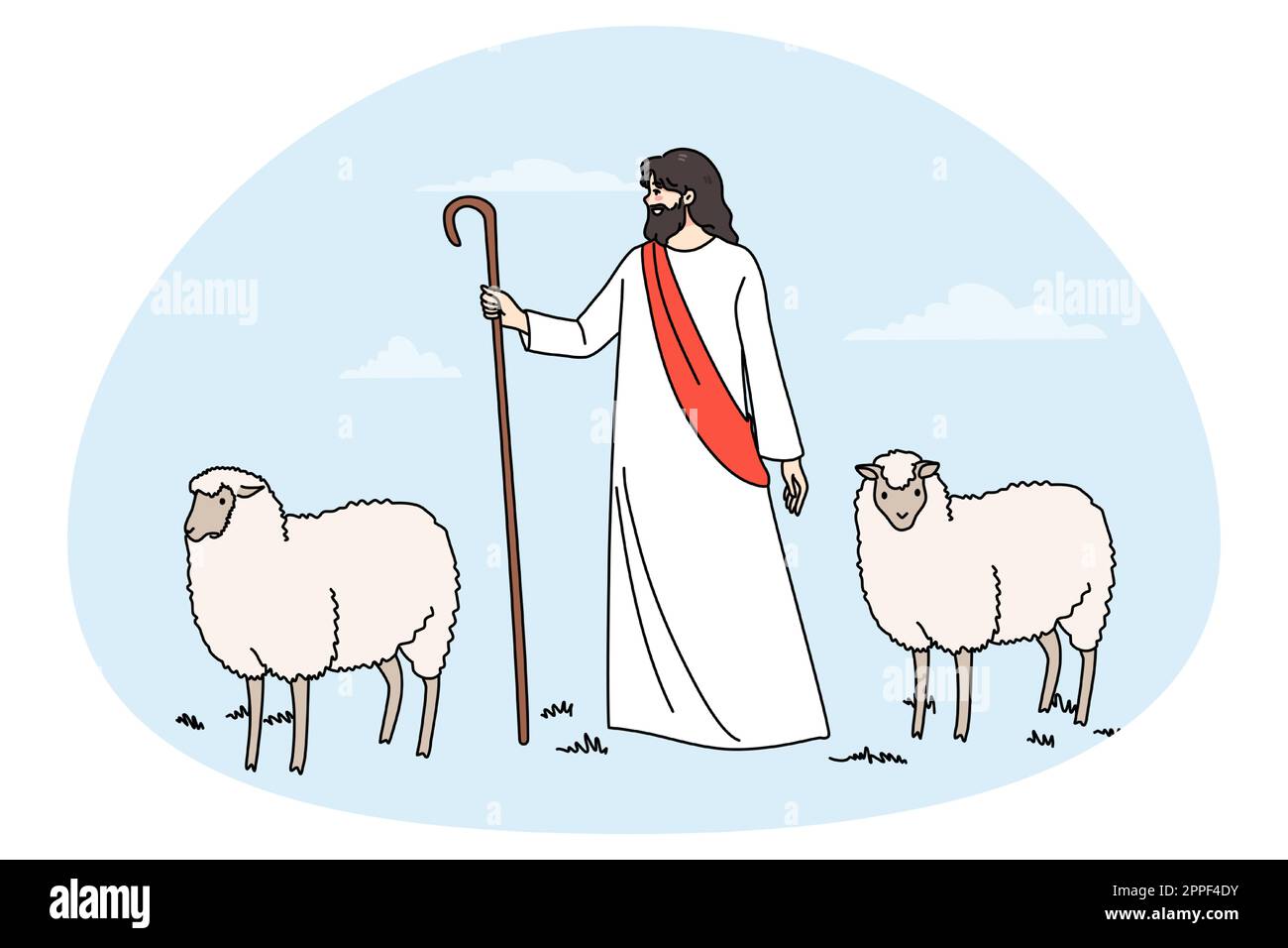 Jesus Christ and lambs walk in field. Biblical story of Jesus as ...
