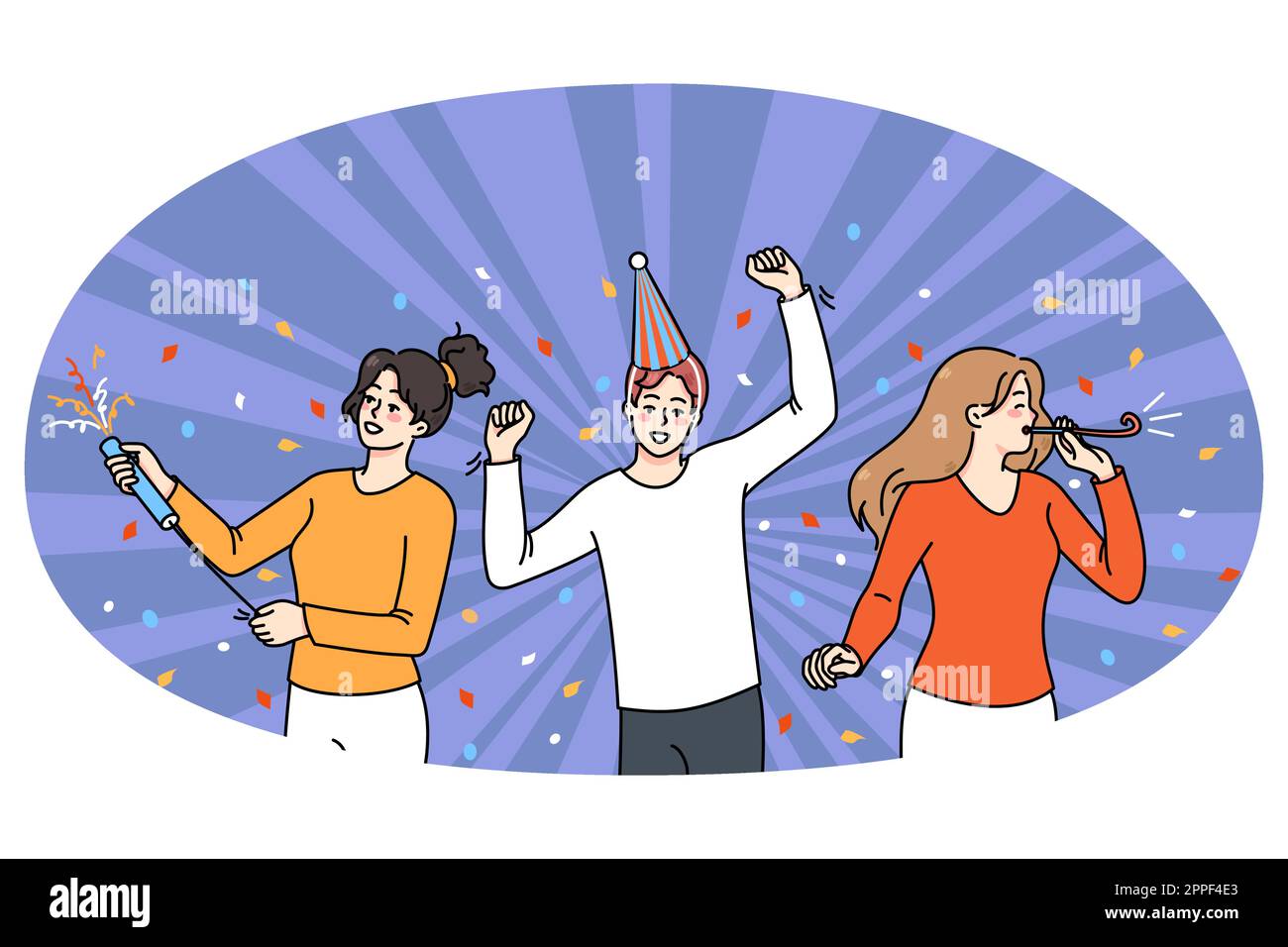 Overjoyed diverse young people have fun celebrate together. Smiling men ...