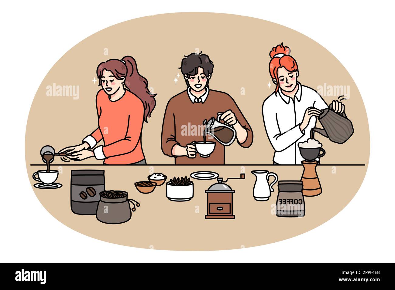 Diverse people making coffee in various ways. Men and women baristas ...