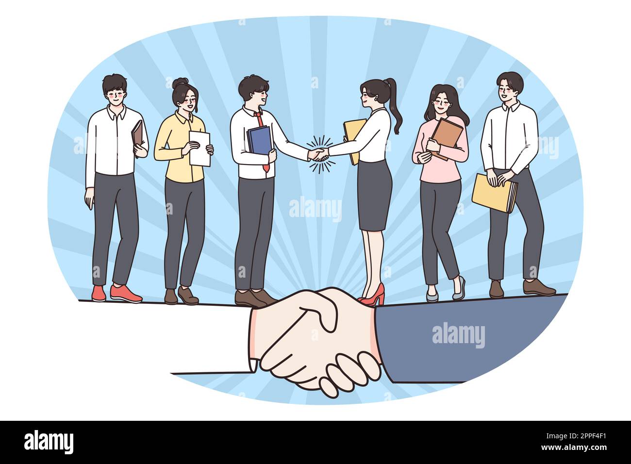 Businesspeople shake hands close agreement making deal with colleagues ...
