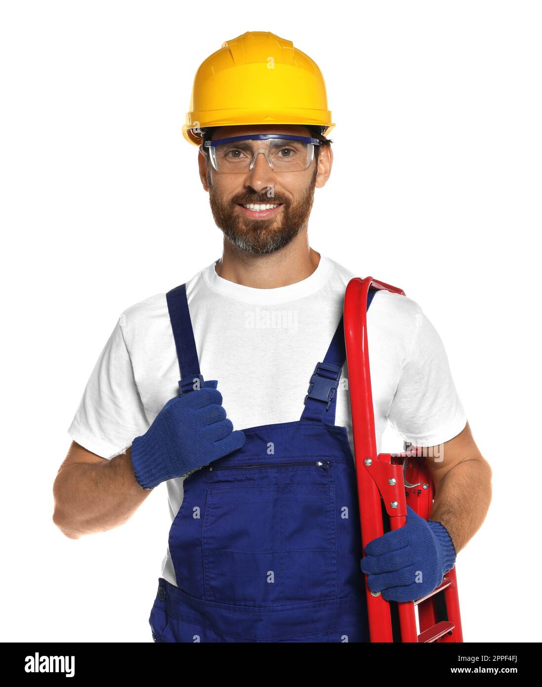 Professional builder in uniform with step ladder isolated on white ...