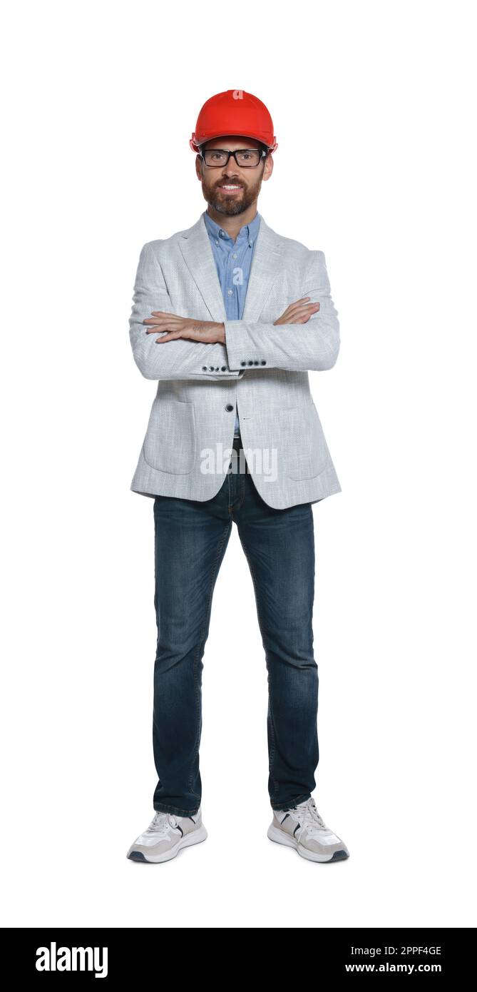 Professional engineer in hard hat isolated on white Stock Photo - Alamy