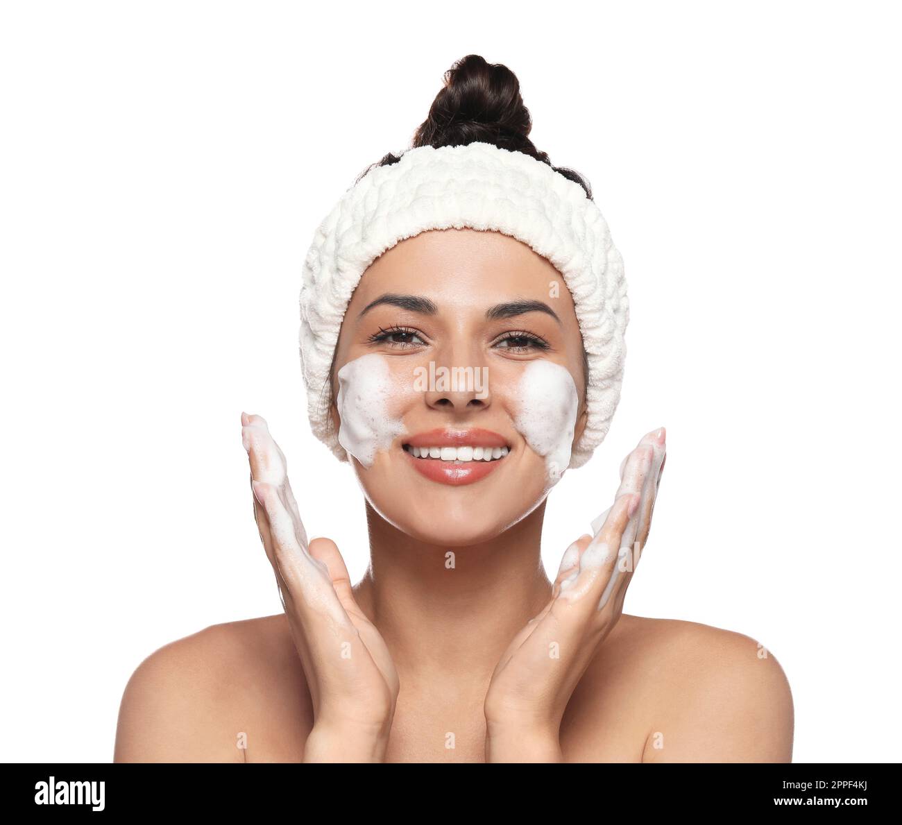 Beautiful Woman Applying Facial Cleansing Foam On White Background