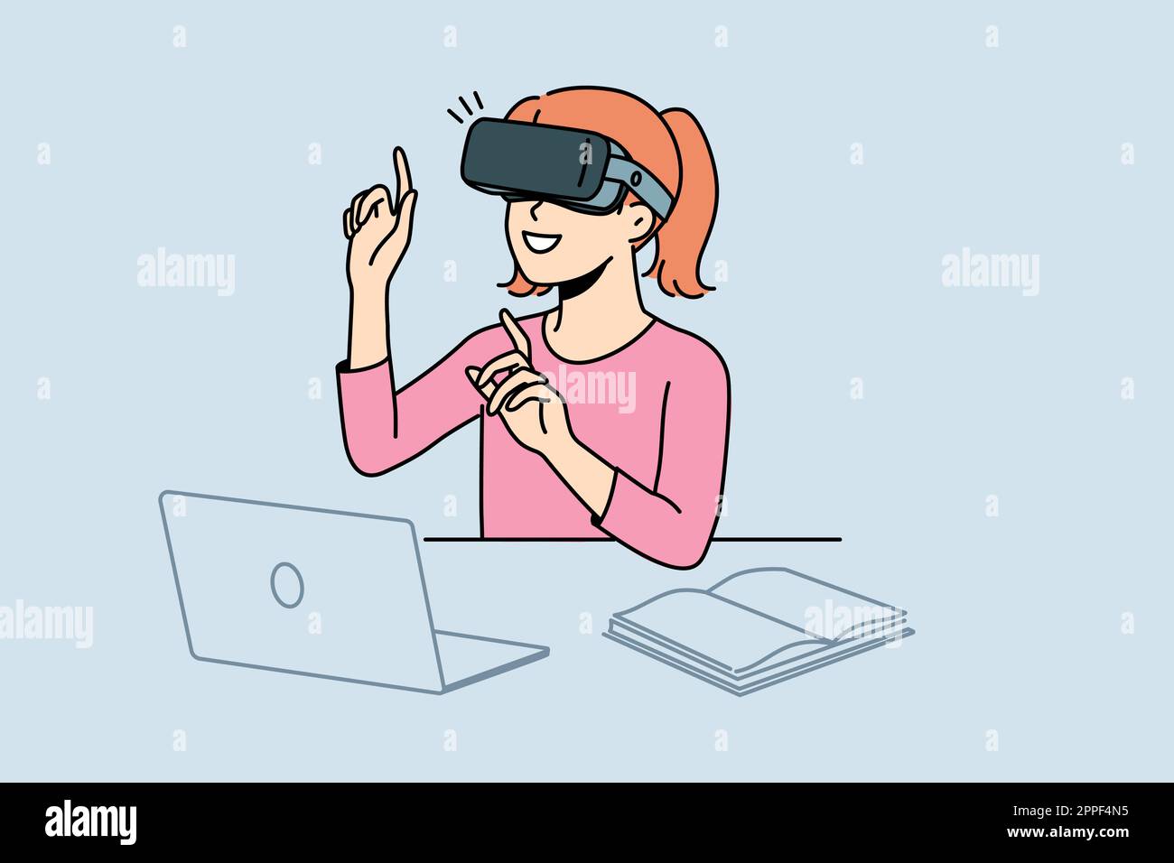 Smiling girl child sit at desk studying with VR glasses. Happy kid in ...
