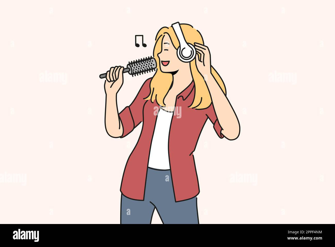Smiling woman in headphones sing in hairbrush. Happy girl have fun ...