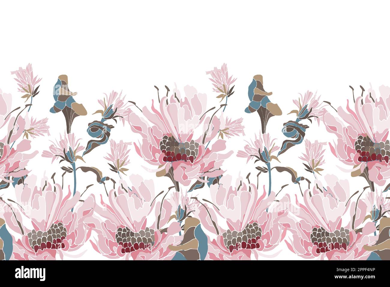 Vector floral seamless pattern, border. Horizontal panoramic ...