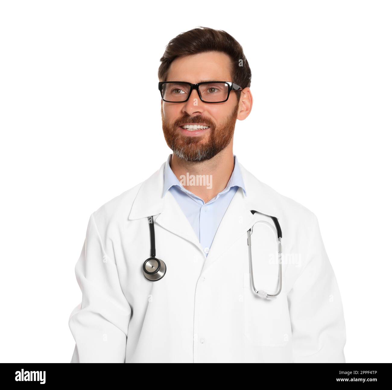 Portrait of doctor with stethoscope on white background Stock Photo - Alamy