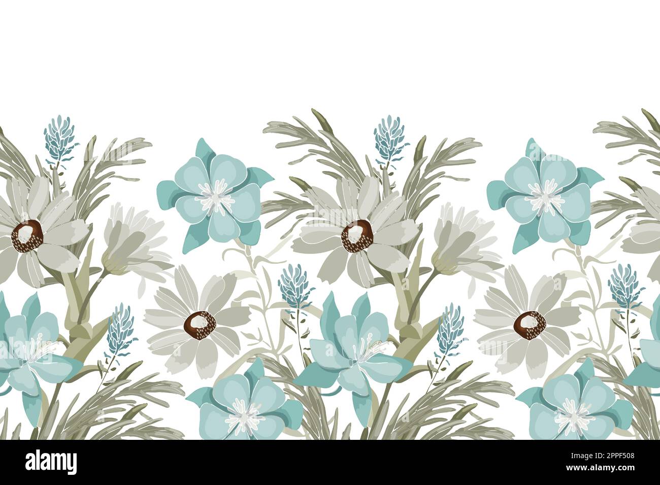 Vector floral seamless pattern, border. Horizontal panoramic ...
