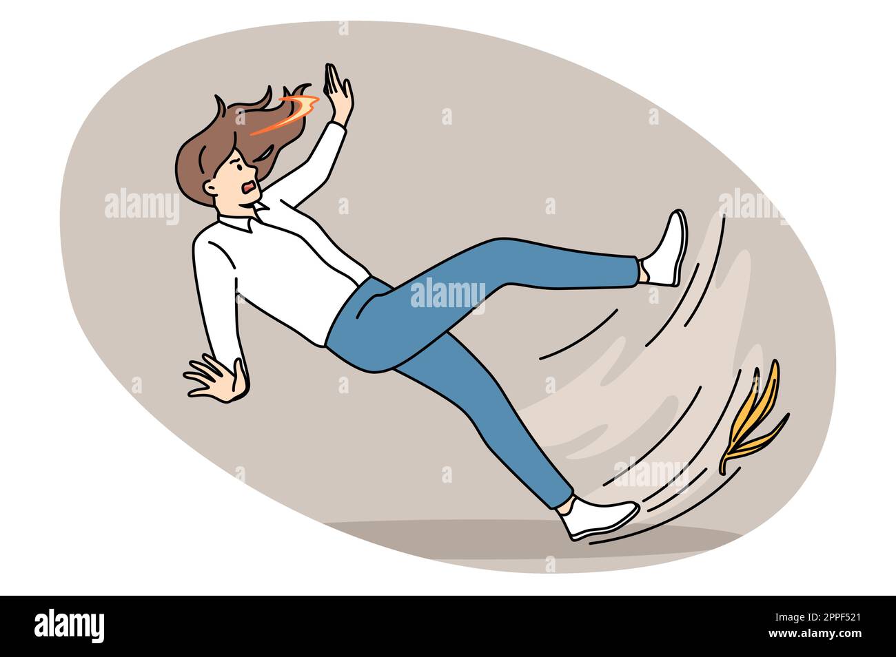Accident and slippery floor concept. Frustrated stressed woman falling ...