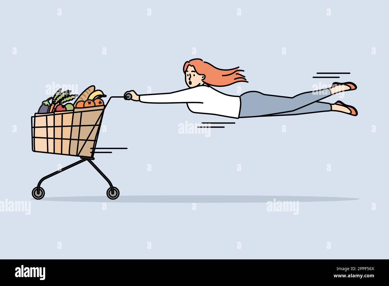 Woman pulled by shopping cart full of groceries. Frustrated female ...