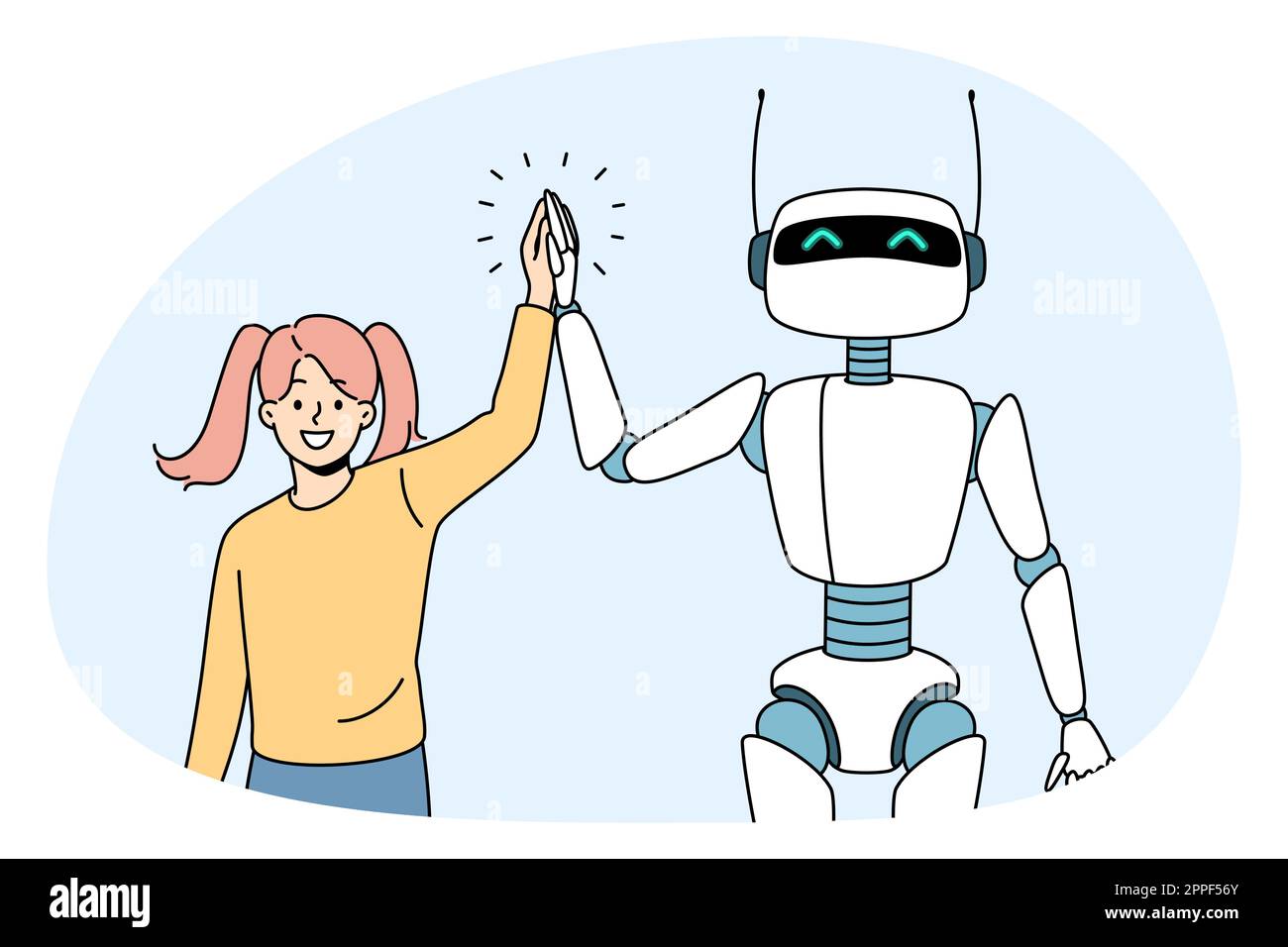 Friendship with artificial intelligence concept. Smiling girl standing ...