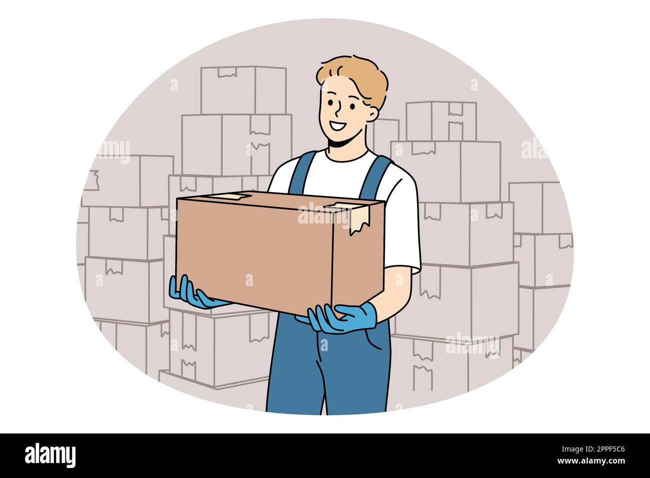 Parcel delivery and post service concept. Smiling man worker in uniform ...