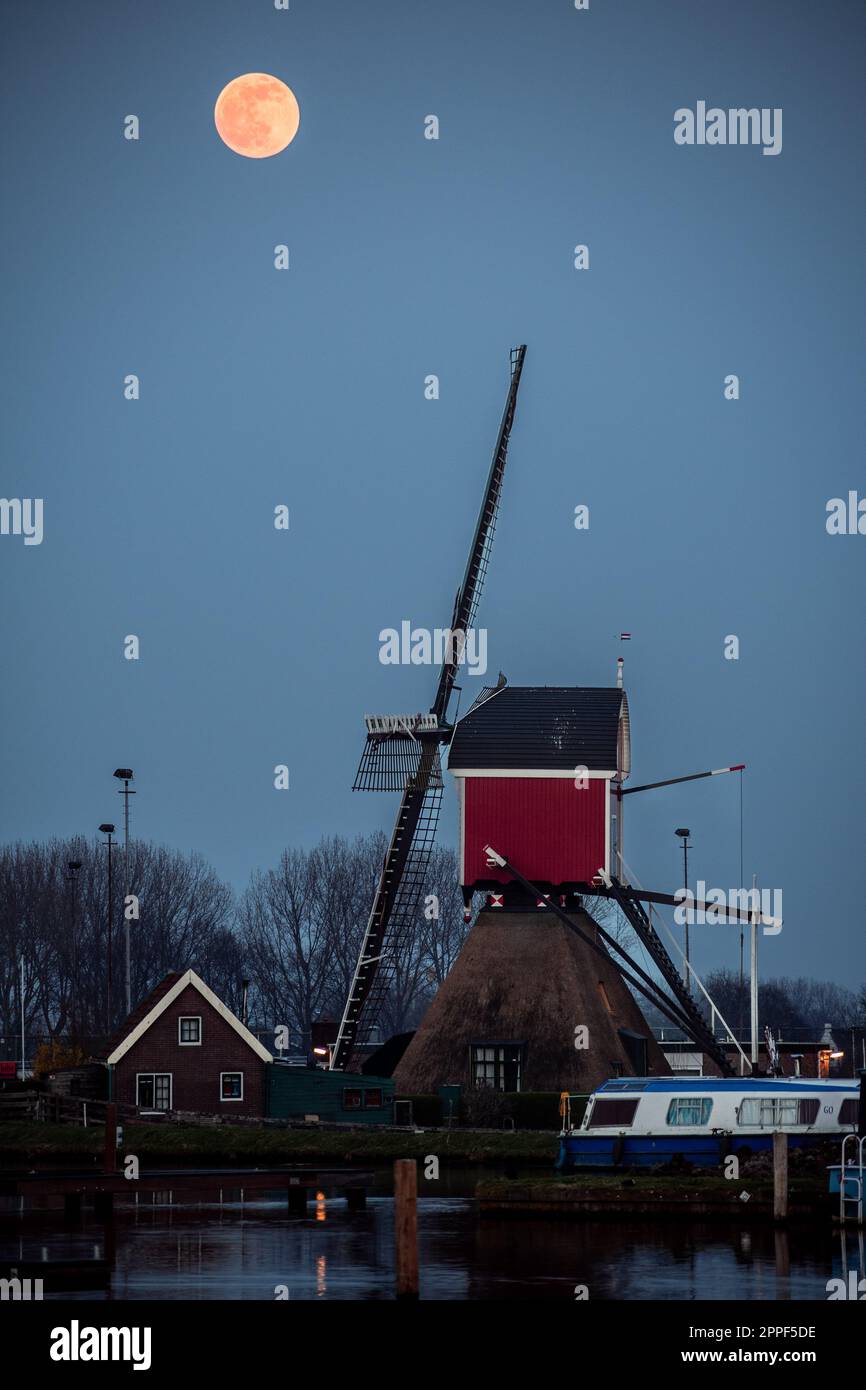 Rising full moon and a stunning dutch scenery Stock Photo - Alamy