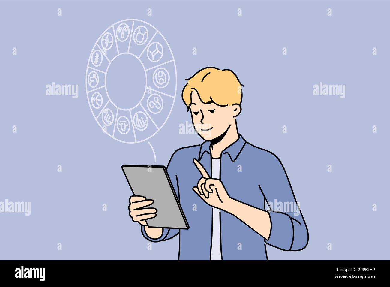 Man with tablet reading horoscope. Guy look at pad screen engaged in ...