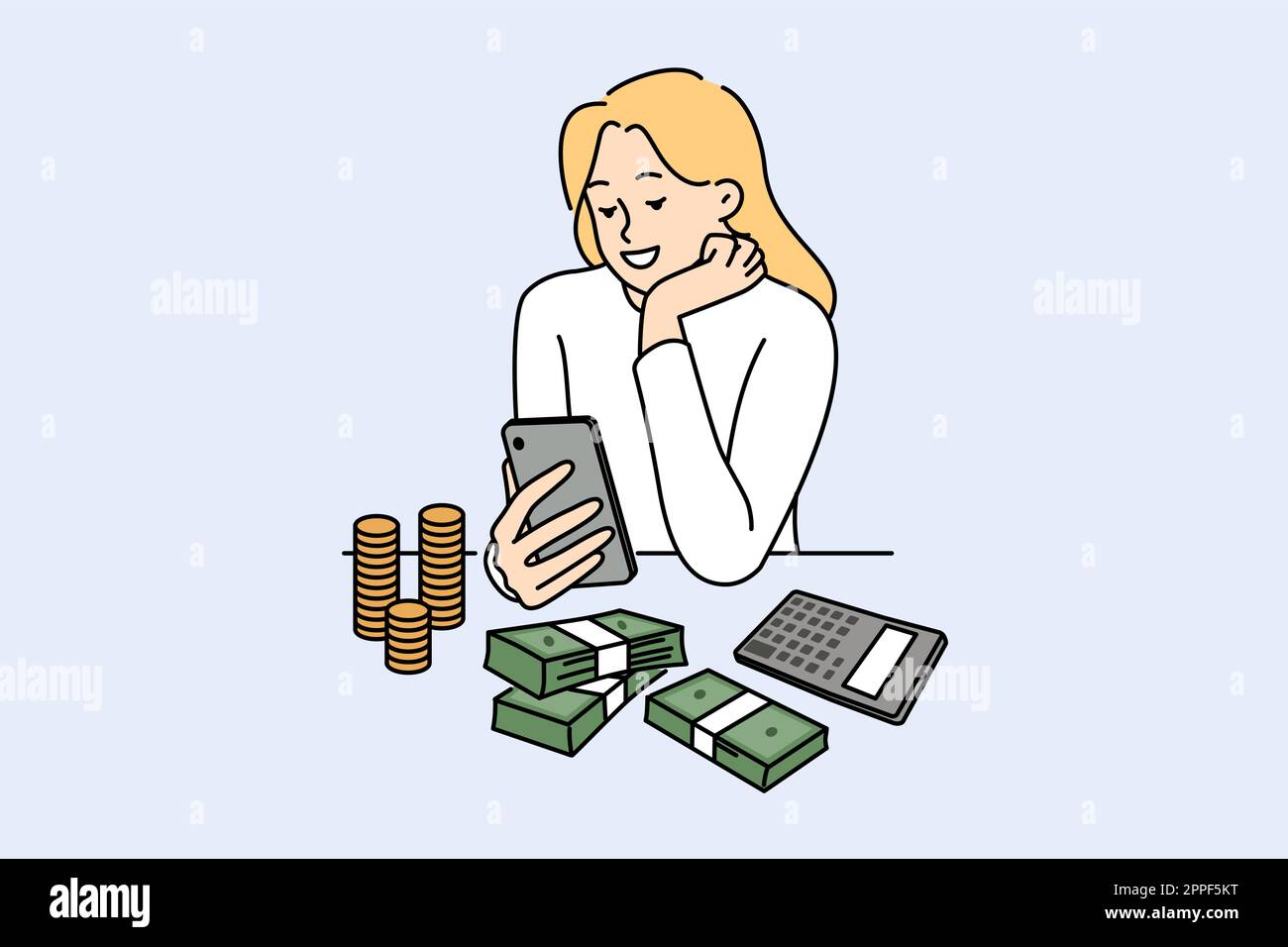 Smiling woman sit at desk count money manage budget. Happy female ...