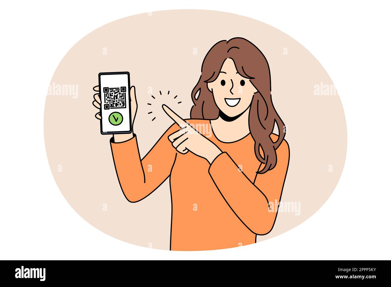 Qr code and Online payment concept. Young woman standing pointing at ...