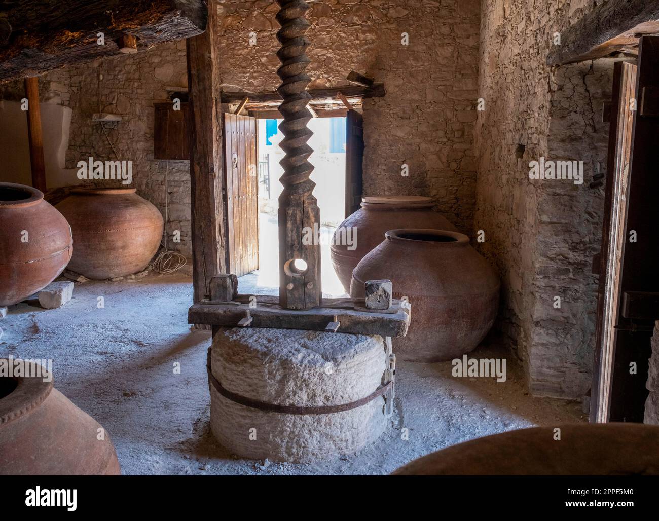 Old wine press in the Commandaria Storage Museum in Lania village ...