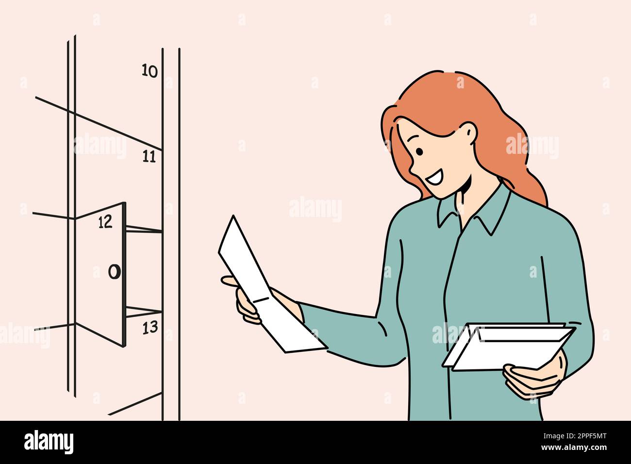 Smiling woman open mailbox reading correspondence. Happy female ...