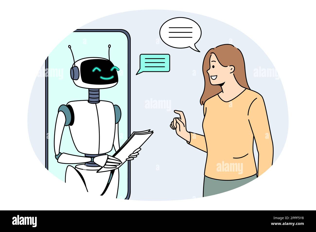 Artificial intelligence and technologies concept. Smiling girl standing ...