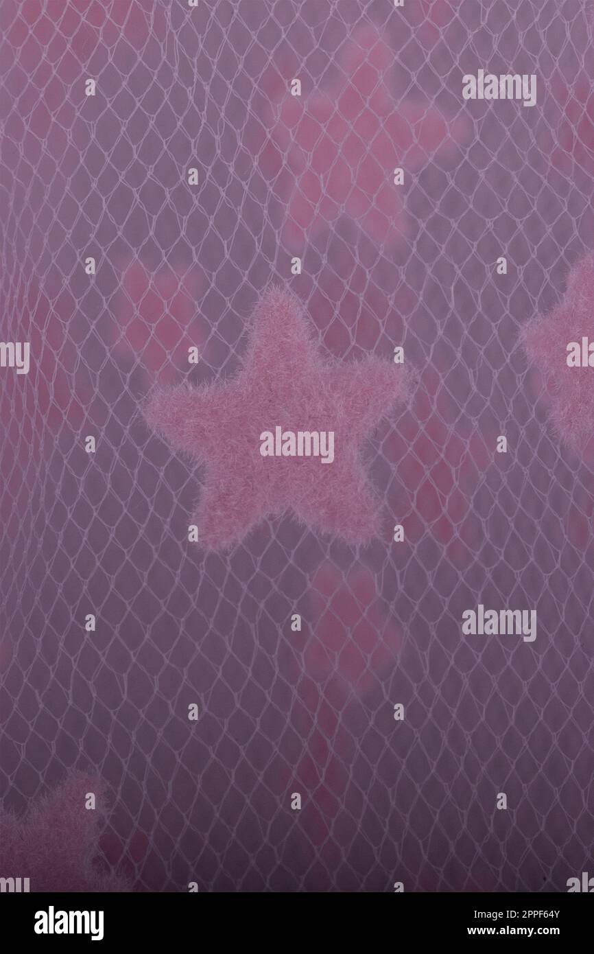 Fine mesh netting with fluffy pink stars fabric or material, suitable ...
